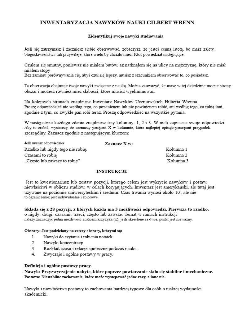Inwentarz Nawyków Nauki Gilberta Wrenna | PDF