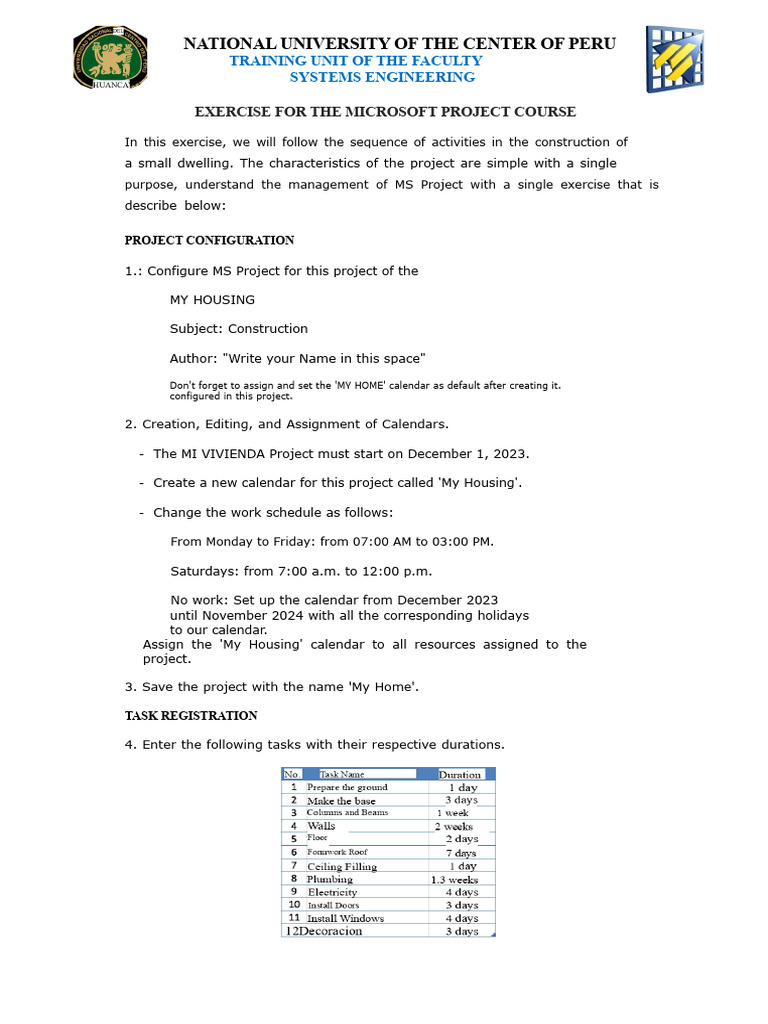 Part 1 Exercise For The Microsoft Project Course Fis | PDF