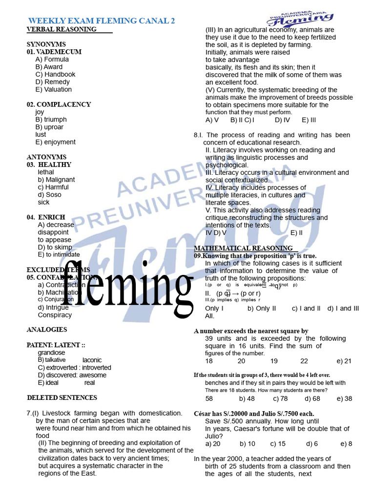 Weekly Exam: Verbal & Mathematical Reasoning | PDF | Factorization ...