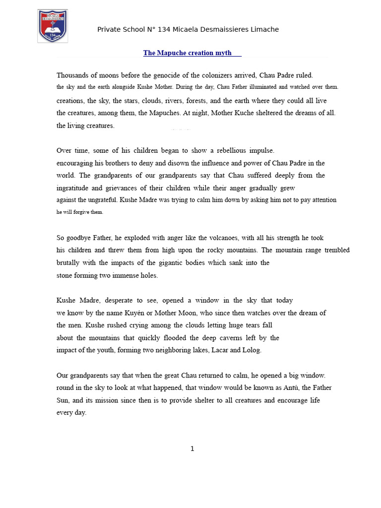 The Mapuche Myth of Creation | PDF