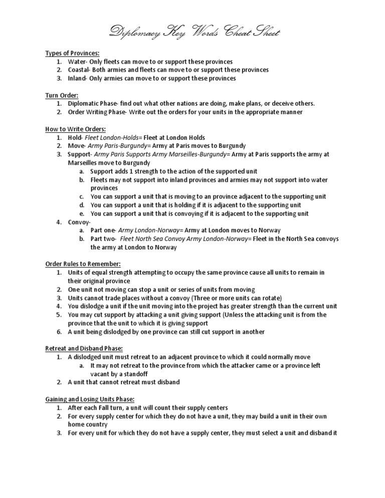 Diplomacy Key Words Cheat Sheet | PDF