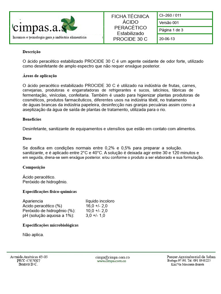 Ficha Técnica do Ácido Peracético PROCIDE 30 C | PDF | Desinfetante ...