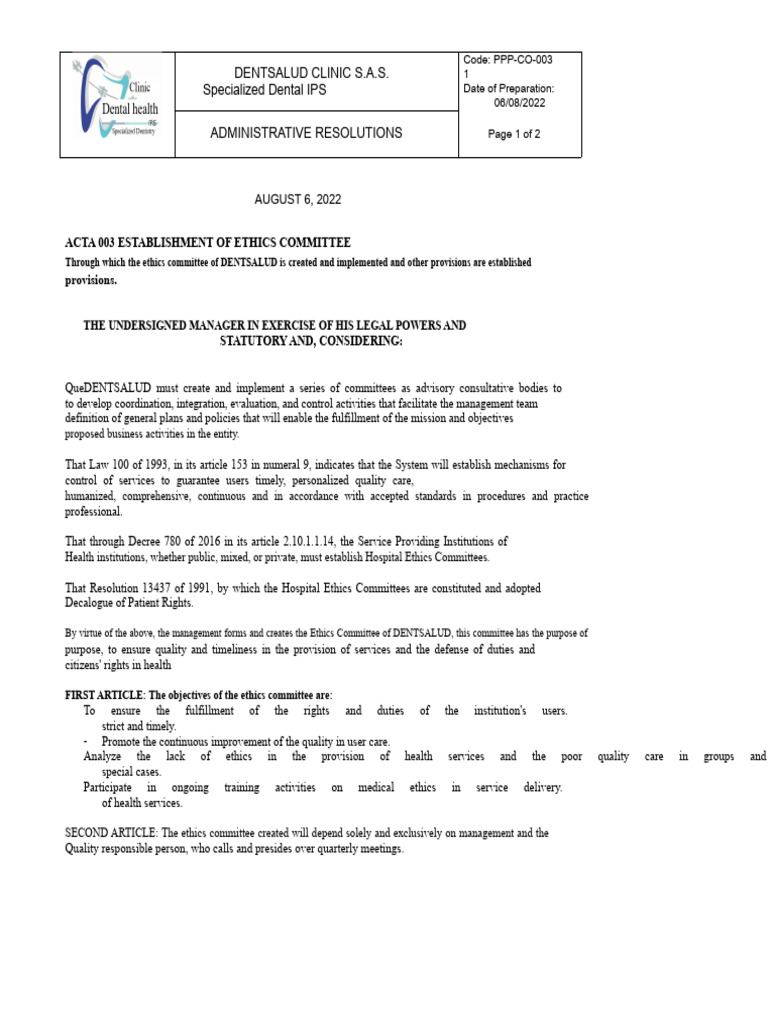 Ppp-Co-003 Act of Creation of The Ethics Committee | PDF | Rights ...