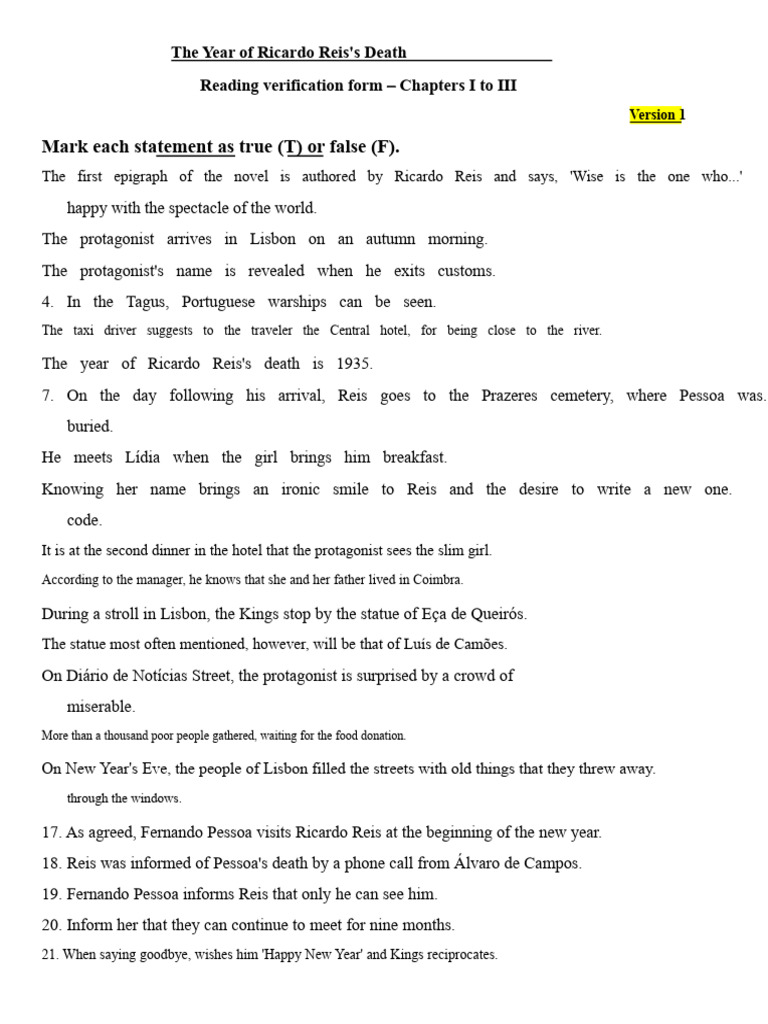 Reading Verification for "The Year of Ricardo Reis's Death" | PDF