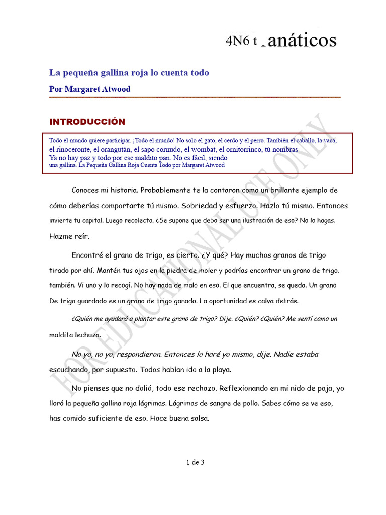 La Pequeña Gallina Roja Lo Cuenta Todo | PDF