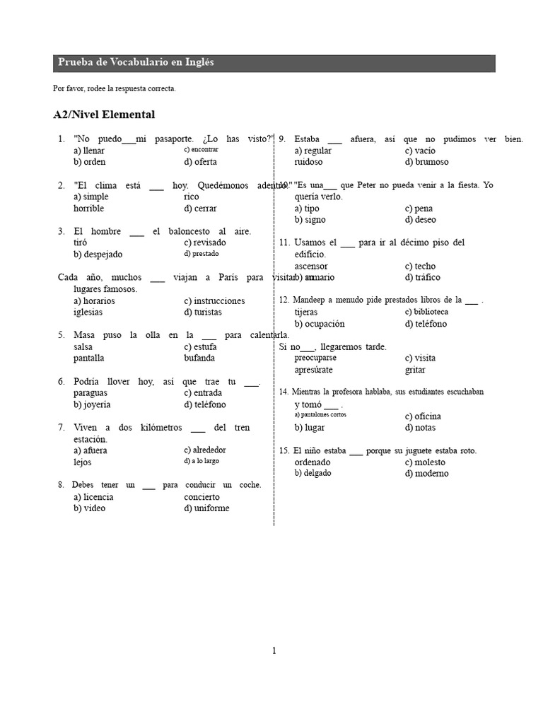 Prueba de Vocabulario de Inglés Elemental | PDF