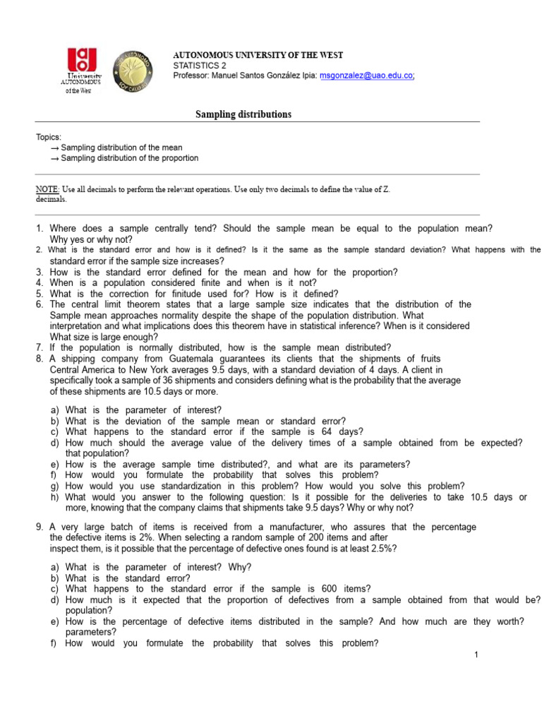 Workshop 1 - Sampling Distributions PDF | PDF | Standard Error | Normal Distribution
