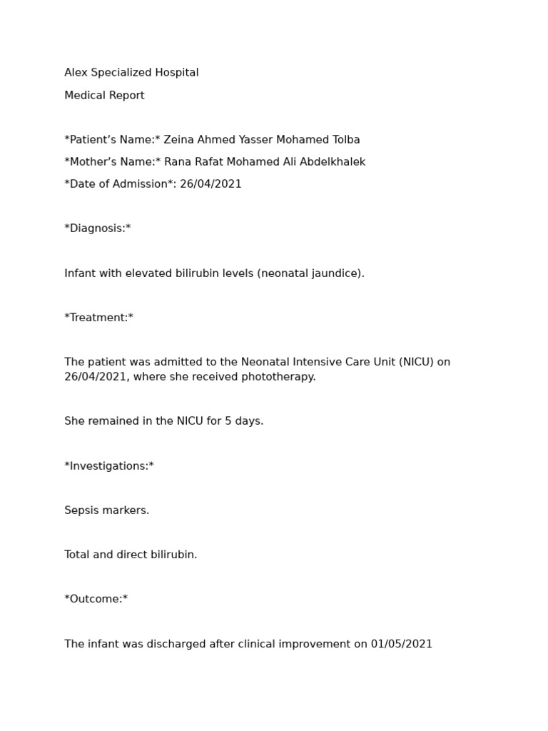 Neonatal Jaundice Treatment Report | PDF