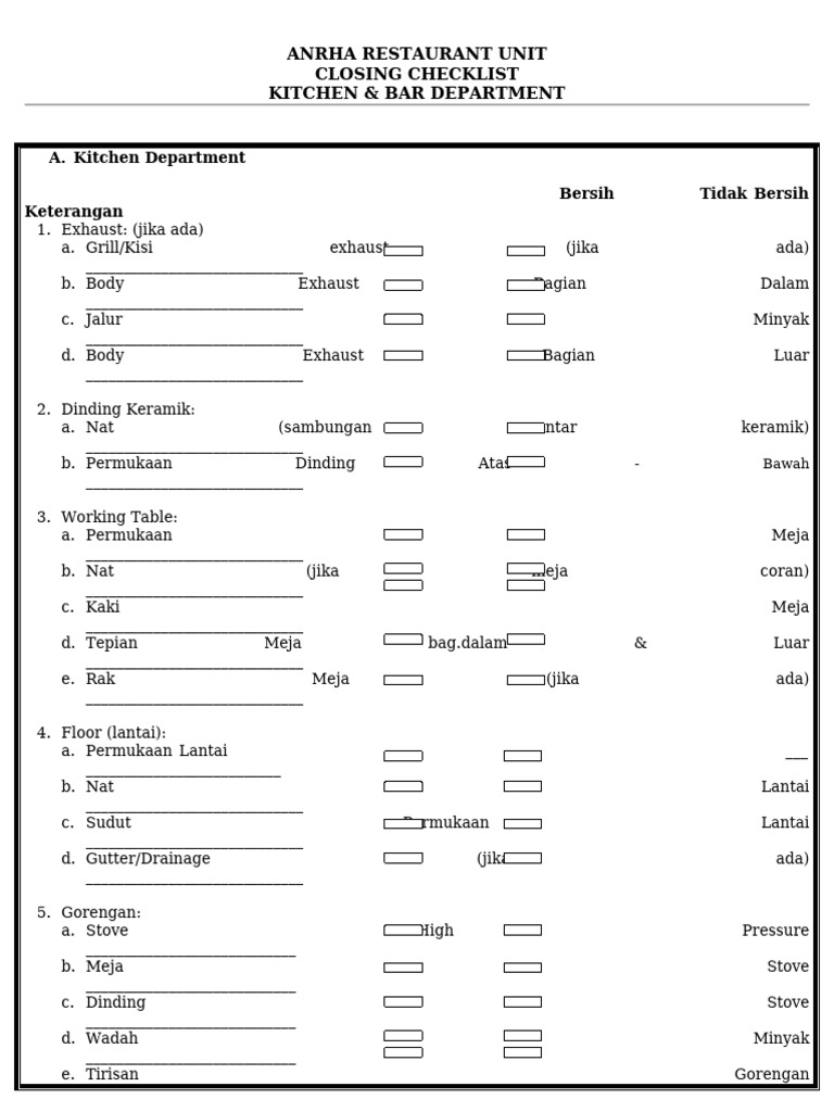 Kitchen and Bar Checklist | PDF