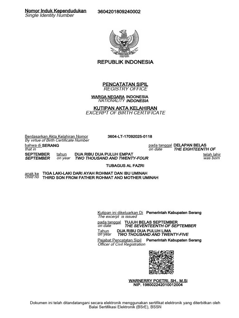 Kutipan Akta Kelahiran Tubagus Al Fazri | PDF