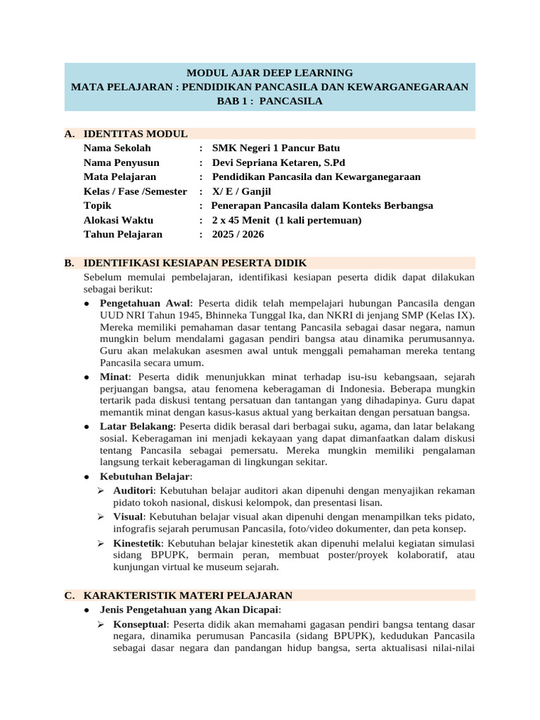 Modul Ajar PPKN X SMK 2025 Ini DSK | PDF