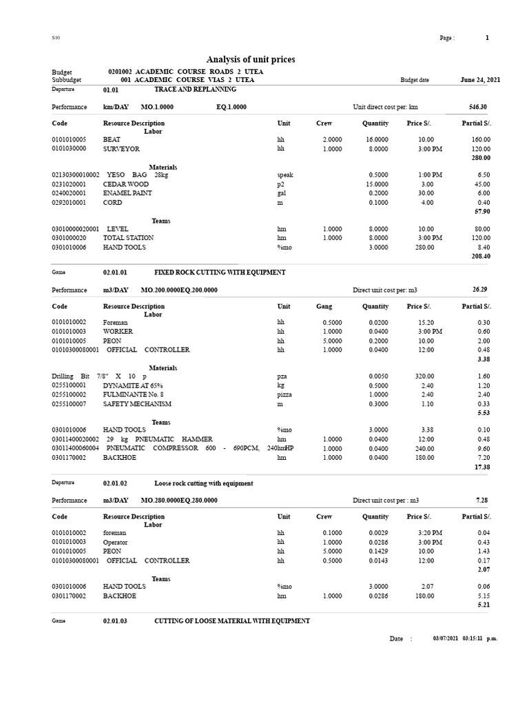 Unit Cost Analysis Issued From The S10 | PDF | Construction Equipment
