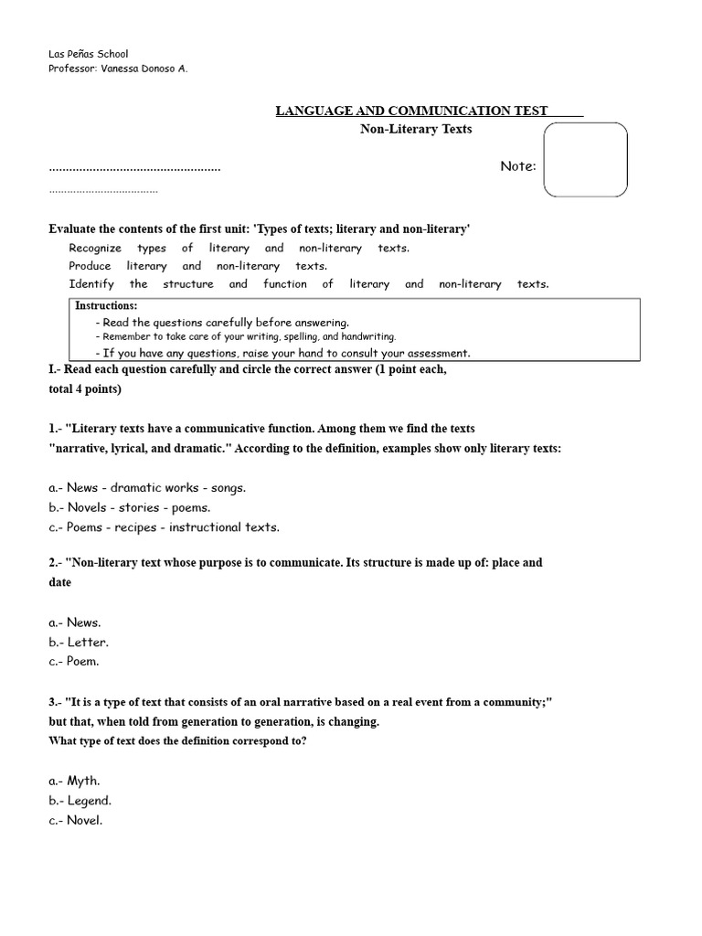 Language Test on Literary Texts | PDF