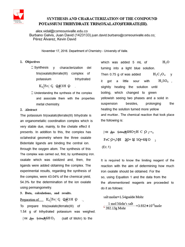 Synthesis and Characterization of The Potassium Tris (Oxalato) Ferrate (III) Compound | PDF ...