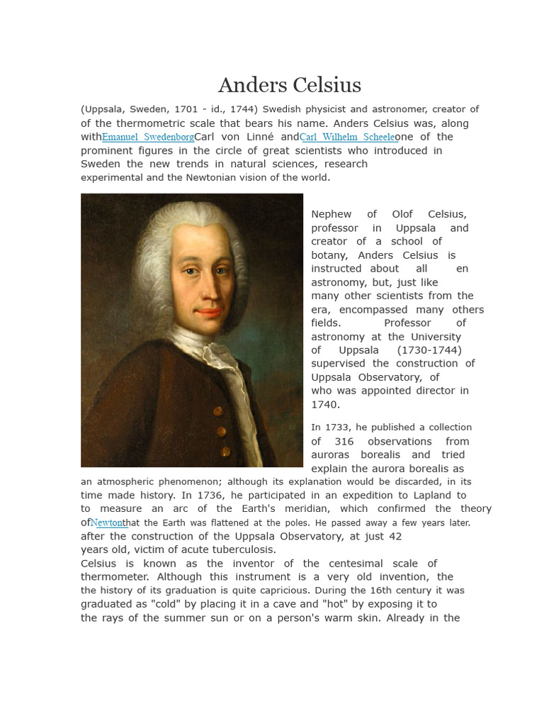 Anders Celsius: Pioneer of Temperature Scale | PDF | Celsius ...