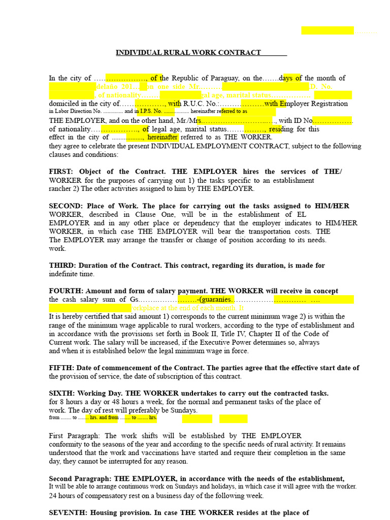 Individual Rural Work Contract Template | PDF | Employment | Salary