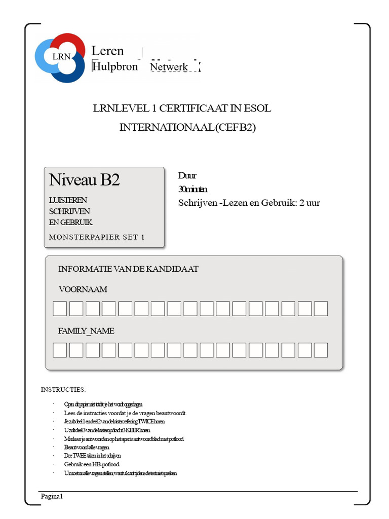 LRN Niveau 1 Certificaat in Esol International Cef b2 Luisteren ...