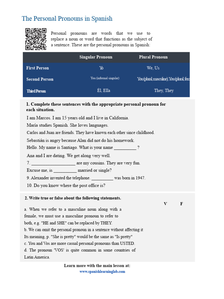 Spanish Personal Pronouns Guide | PDF | Grammatical Gender | Plural