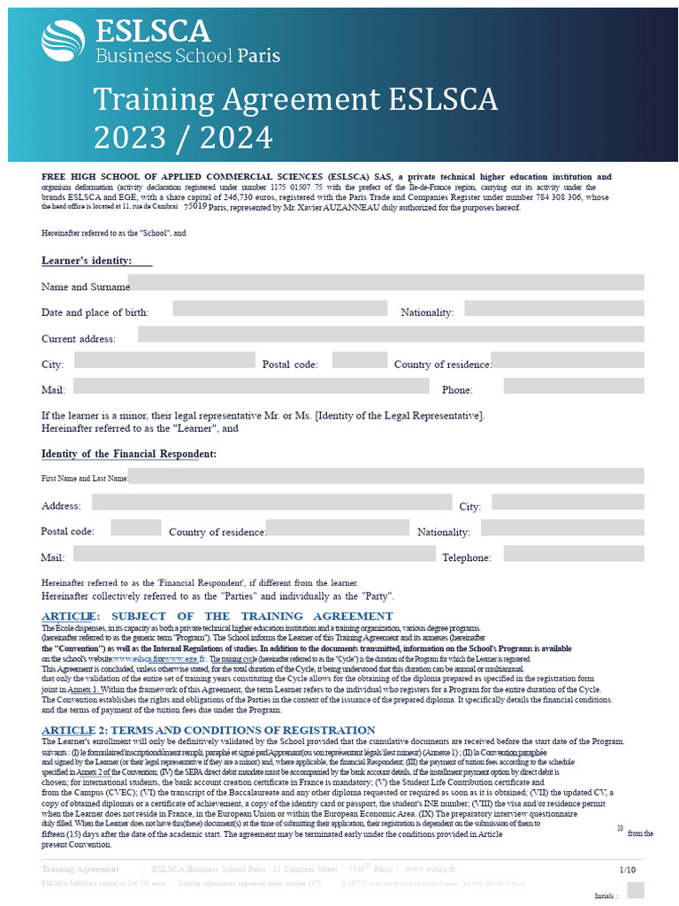 ESLSCA - Training Agreement - 2023 - MBA1 DIGITAL MARKETING - LYDIE | PDF