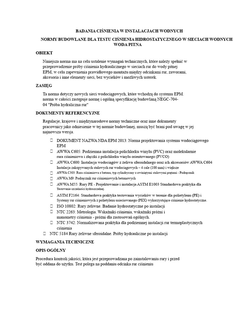 Testy ciśnienia w instalacjach wodnych | PDF