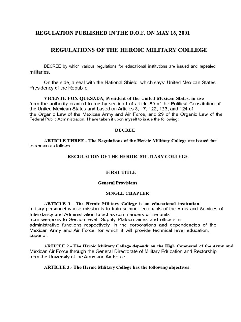 Regulations of The Heroic Military College | PDF | Corps | Teachers