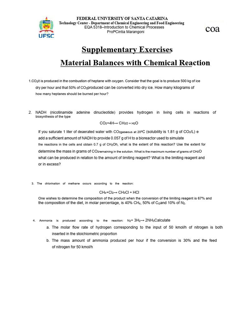 09-03 - Exercises (Mass Balance With Chemical Reaction) | PDF ...
