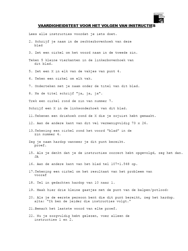 Test Om Instructies Te Volgen | PDF