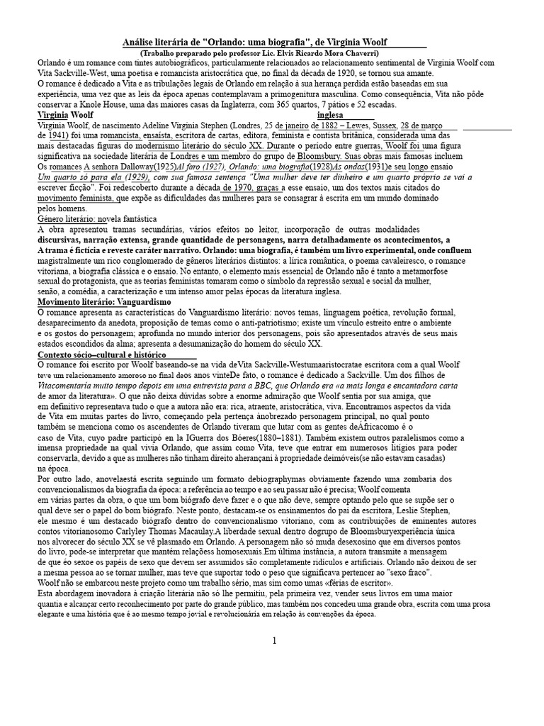 Análise Literária de Orlando Uma Biografia | PDF | Virgínia Woolf ...