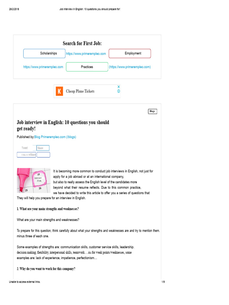 Job interview in English: 10 questions you should prepare for! | PDF ...