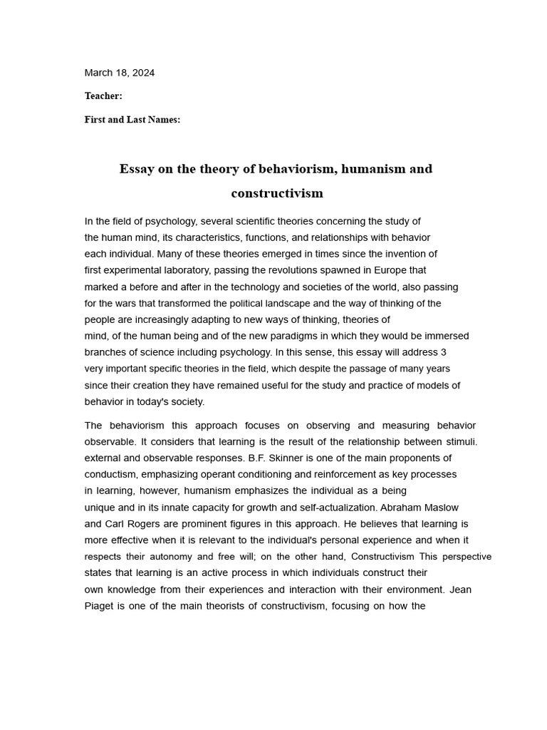 Essay On Behaviorist, Humanist, and Constructivist Theory | PDF ...