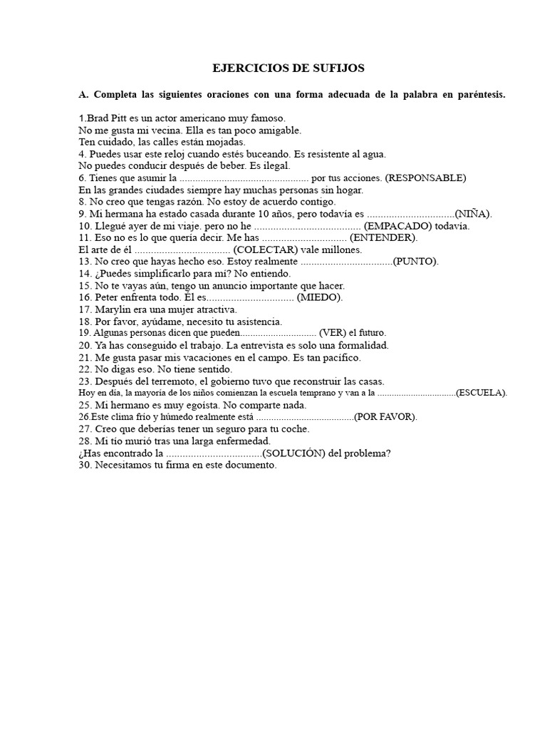 Ejercicios de Sufijos en Español | PDF