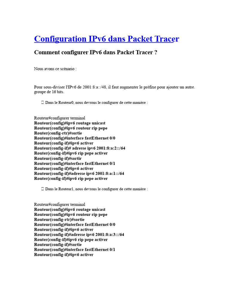 Configuration IPv6 dans Packet Tracer | PDF | I Pv6 | Adresse IP