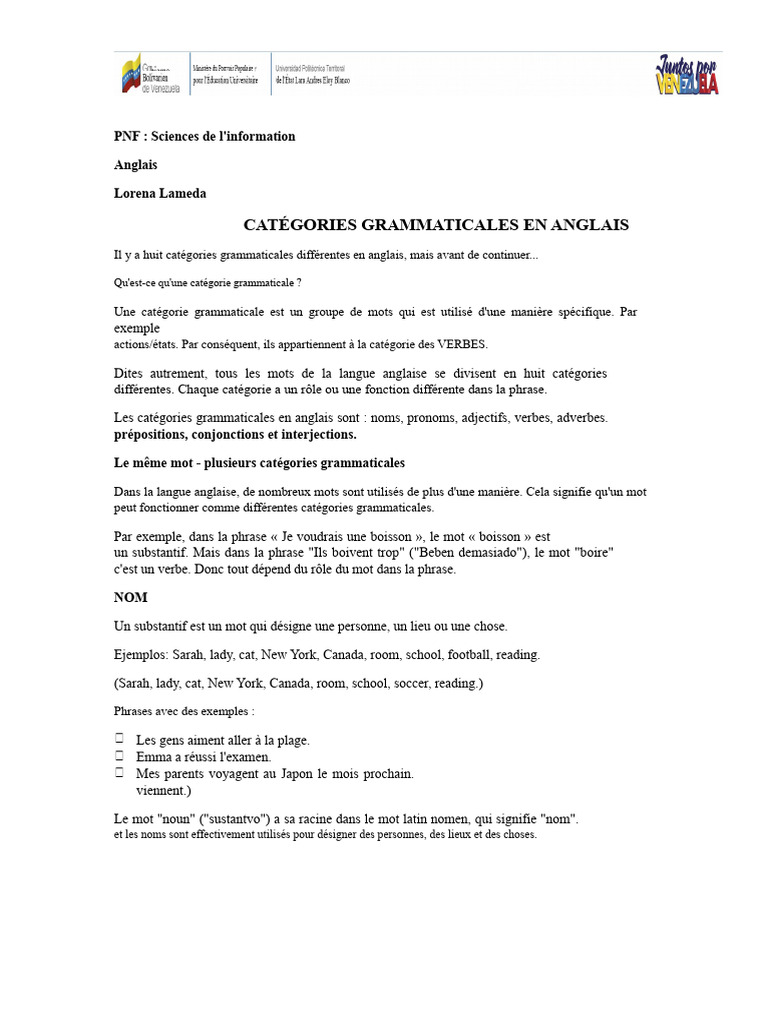 Catégories grammaticales en anglais | PDF | Nature (grammaire) | Nom ...