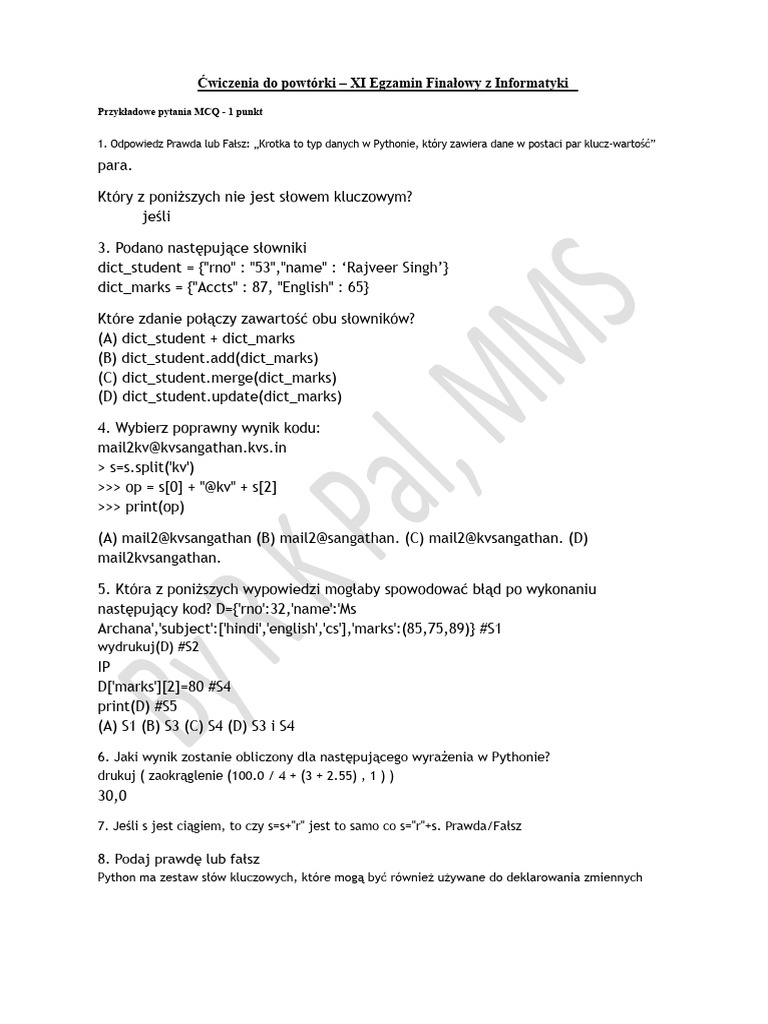 Przykładowe Pytania Bankowe XI CS | PDF