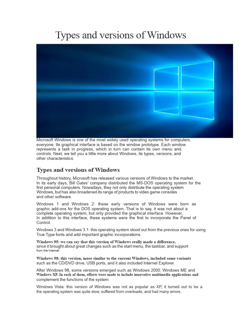 Types and Versions of Windows | PDF | Microsoft Windows | Windows 7