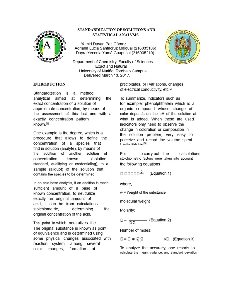 Standardization of Solutions and Statistical Analysis | PDF | Titration ...