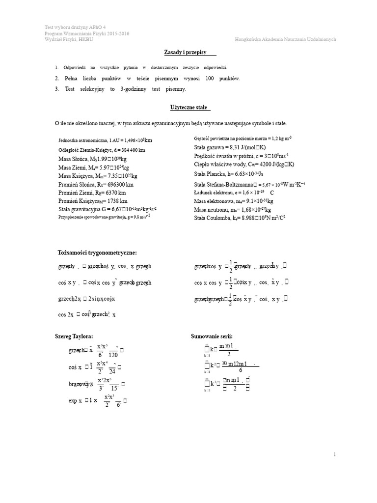 Test Wyboru Zespołu APhO 4 | PDF