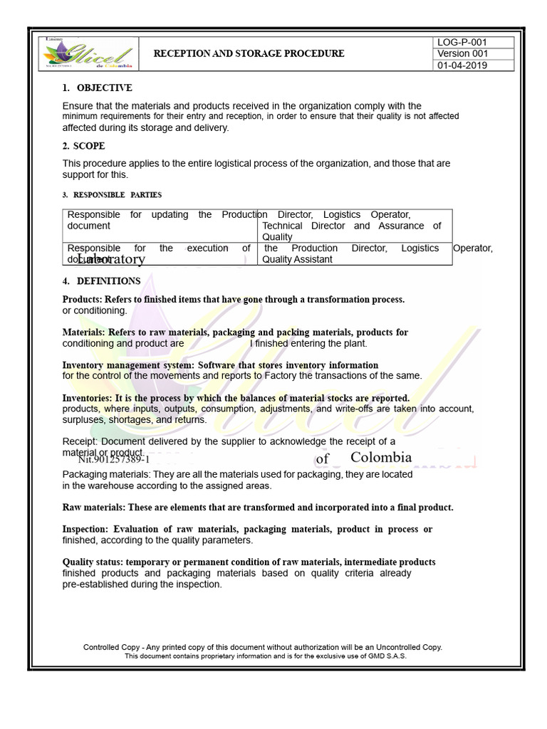 Reception and Storage Procedure Guide | PDF | Pallet | Dangerous Goods