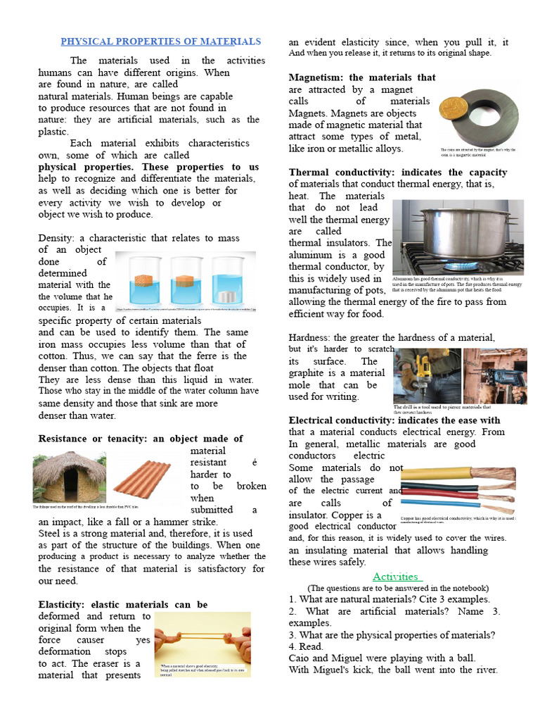 Physical Properties of Materials Activities | PDF | Electrical ...