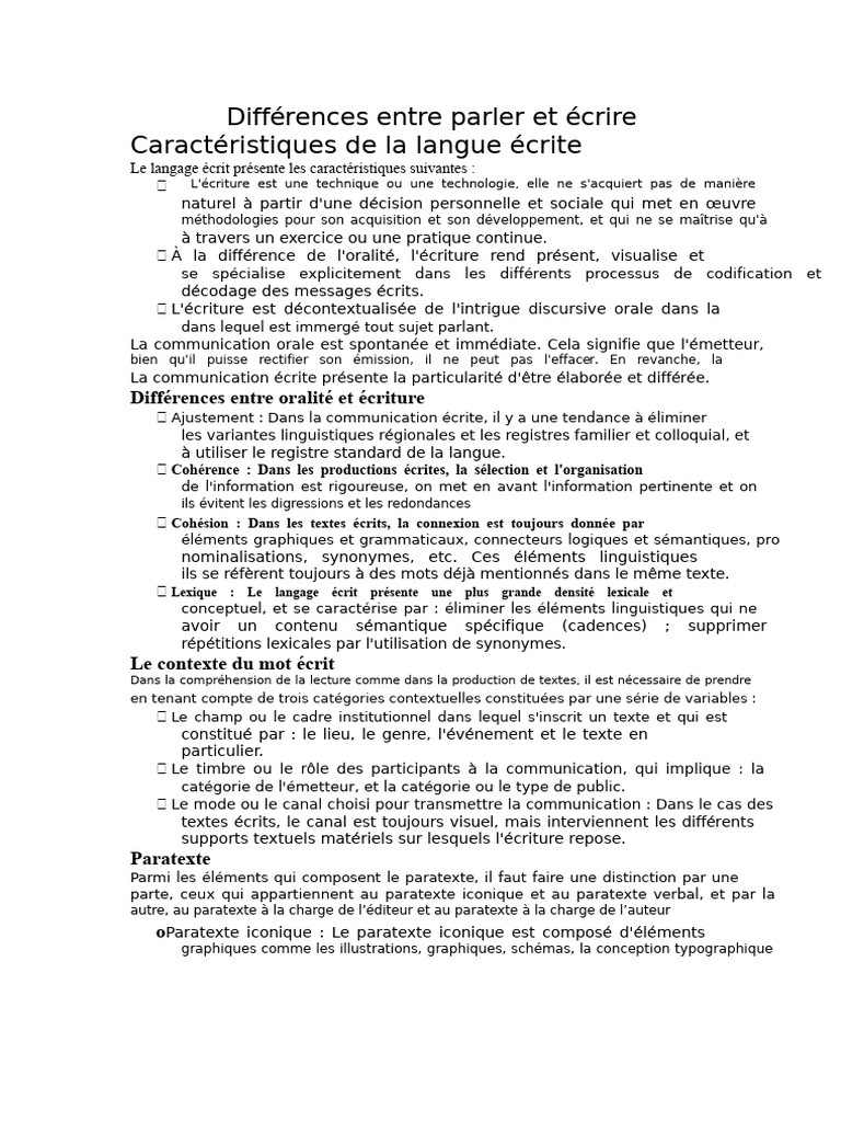 Différences entre oral et écrit | PDF | Lexique | Linguistique