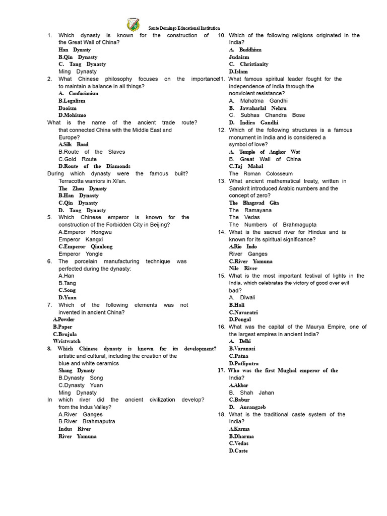 History Quiz: Ancient China and India | PDF | China | World Politics