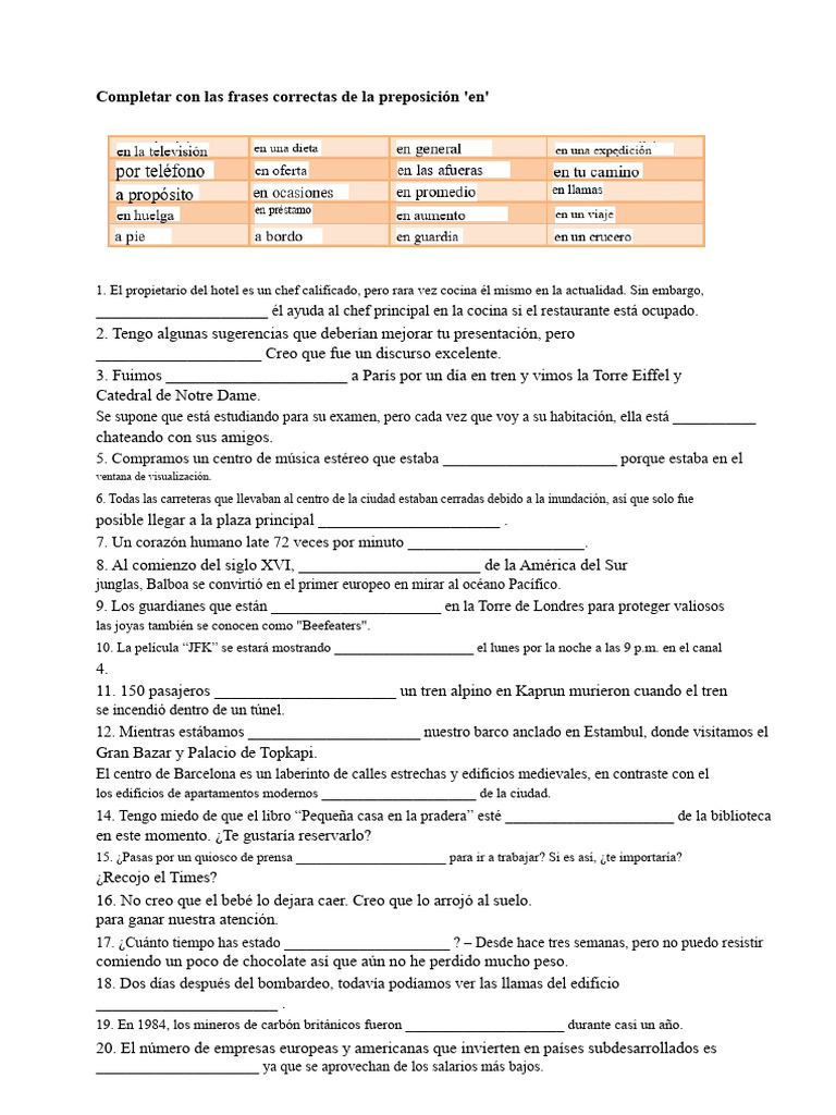 Completa Con Las Frases Correctas de La Preposición. | PDF