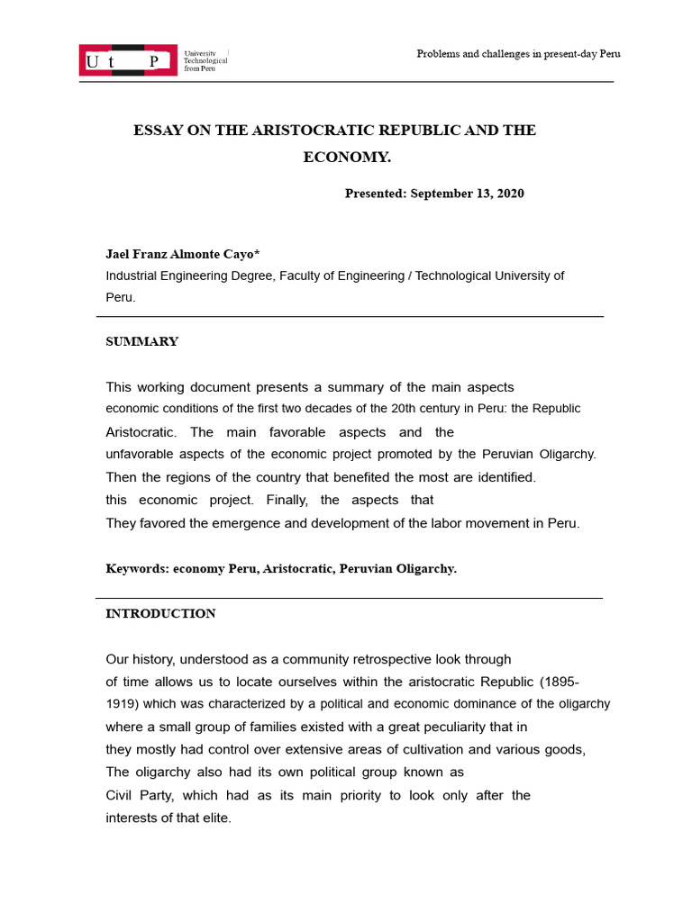 Essay On The Aristocratic Republic and The Economy | PDF | Peru | Economies