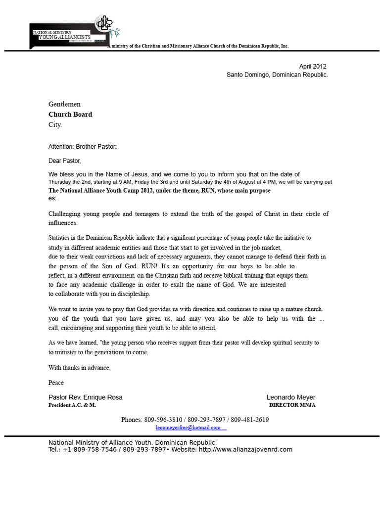 Letter To Pastors Invitation To Youth Camp 2012 | PDF