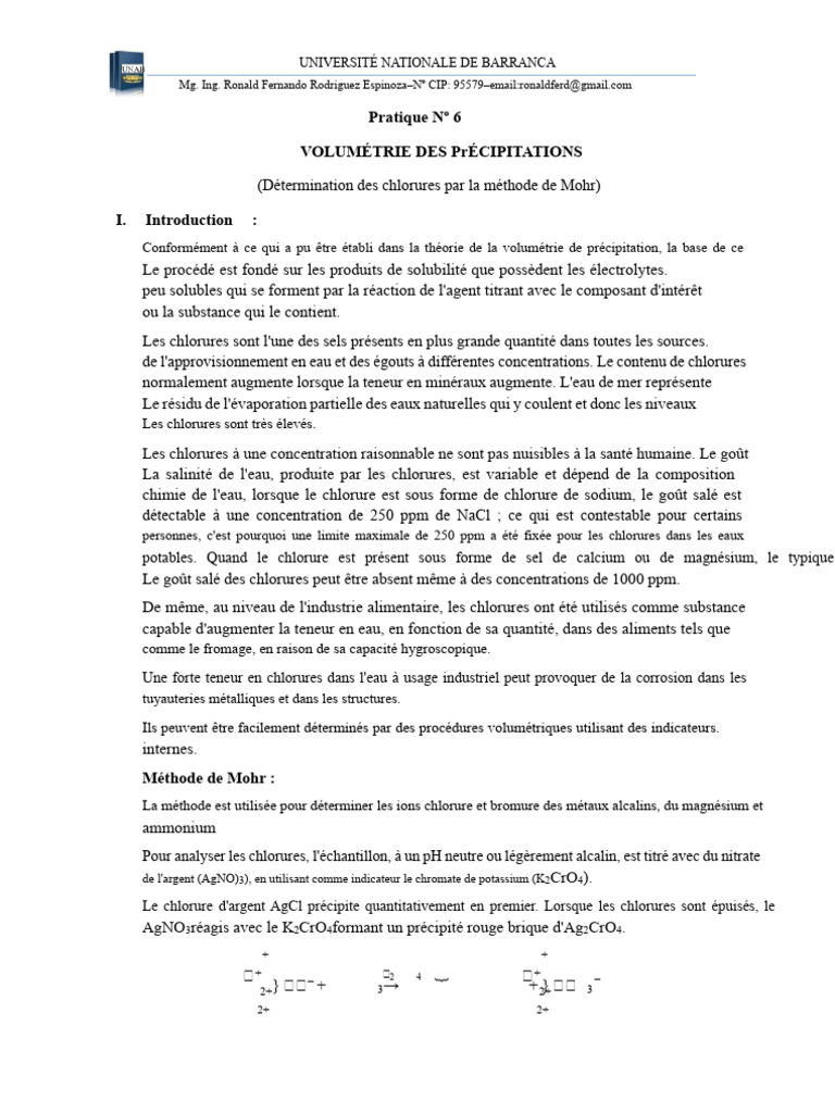 Volumétrie des Chlorures par Mohr | PDF | Chimie | Substances chimiques