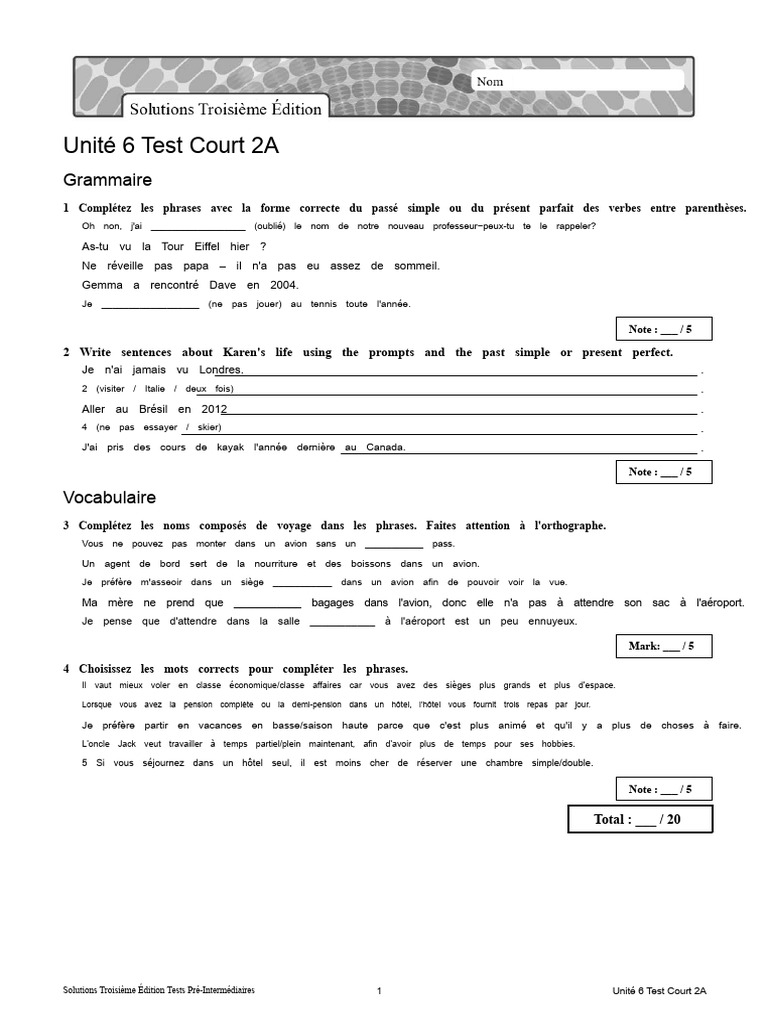 Test de grammaire et vocabulaire A2 | PDF | Linguistique