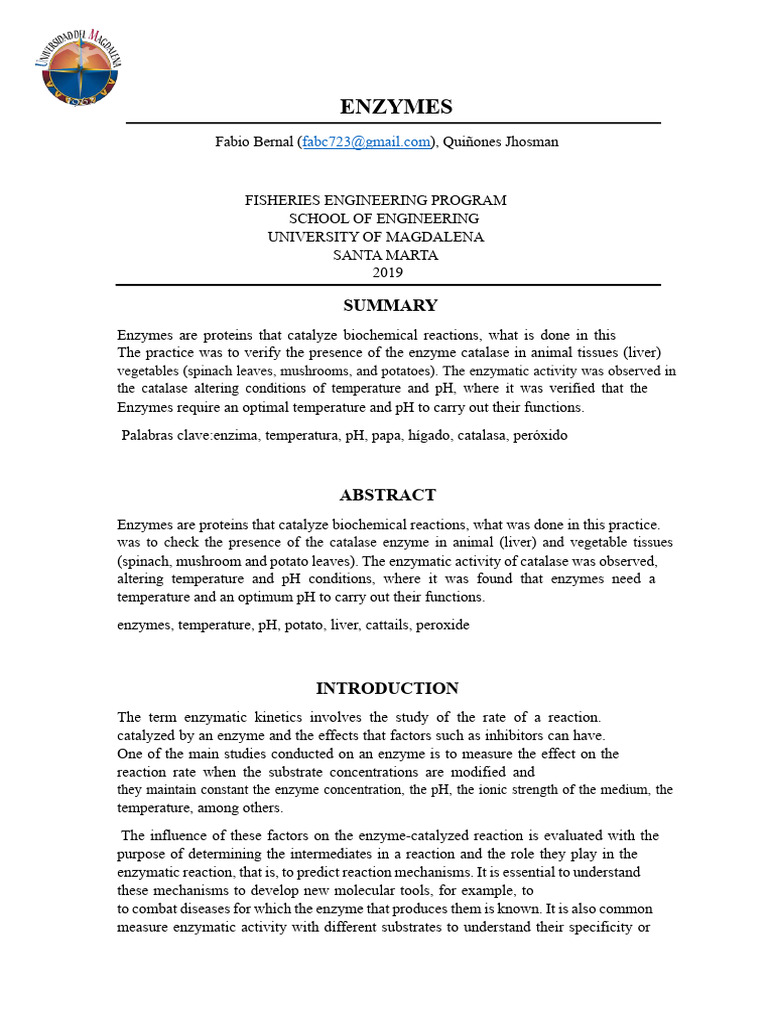 Enzymes Report | PDF | Enzyme | Catalase