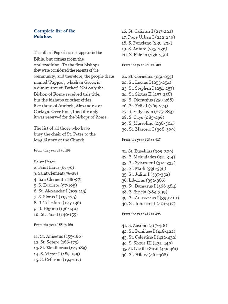 Complete List of The Popes | PDF | Pope | Roman Catholic Clergy