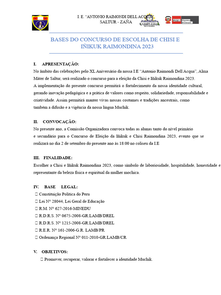 BASES DO CONCURSO DE ELEIÇÃO DE CHISI E IÑIKUK RAIMONDINA 2023-Enviar | PDF