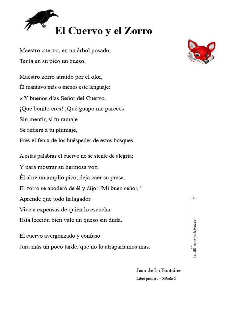 El Cuervo y el Zorro: Fábula Moral | PDF | Fábula